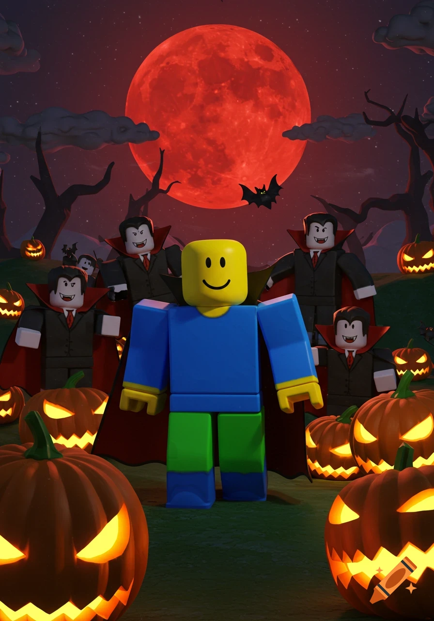 A Roblox noob stands among vampires and glowing pumpkins under a large ...