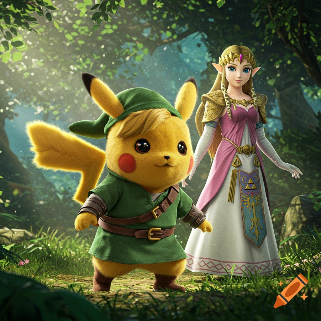 Pikachu dressed as Link and Princess Zelda stand in a vibrant ...