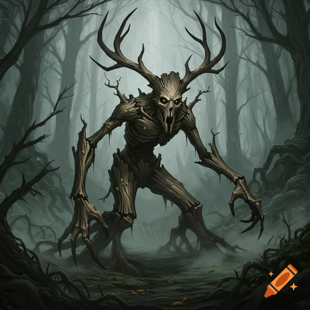 Dark fantasy illustration of a tree-like monster with antlers and ...