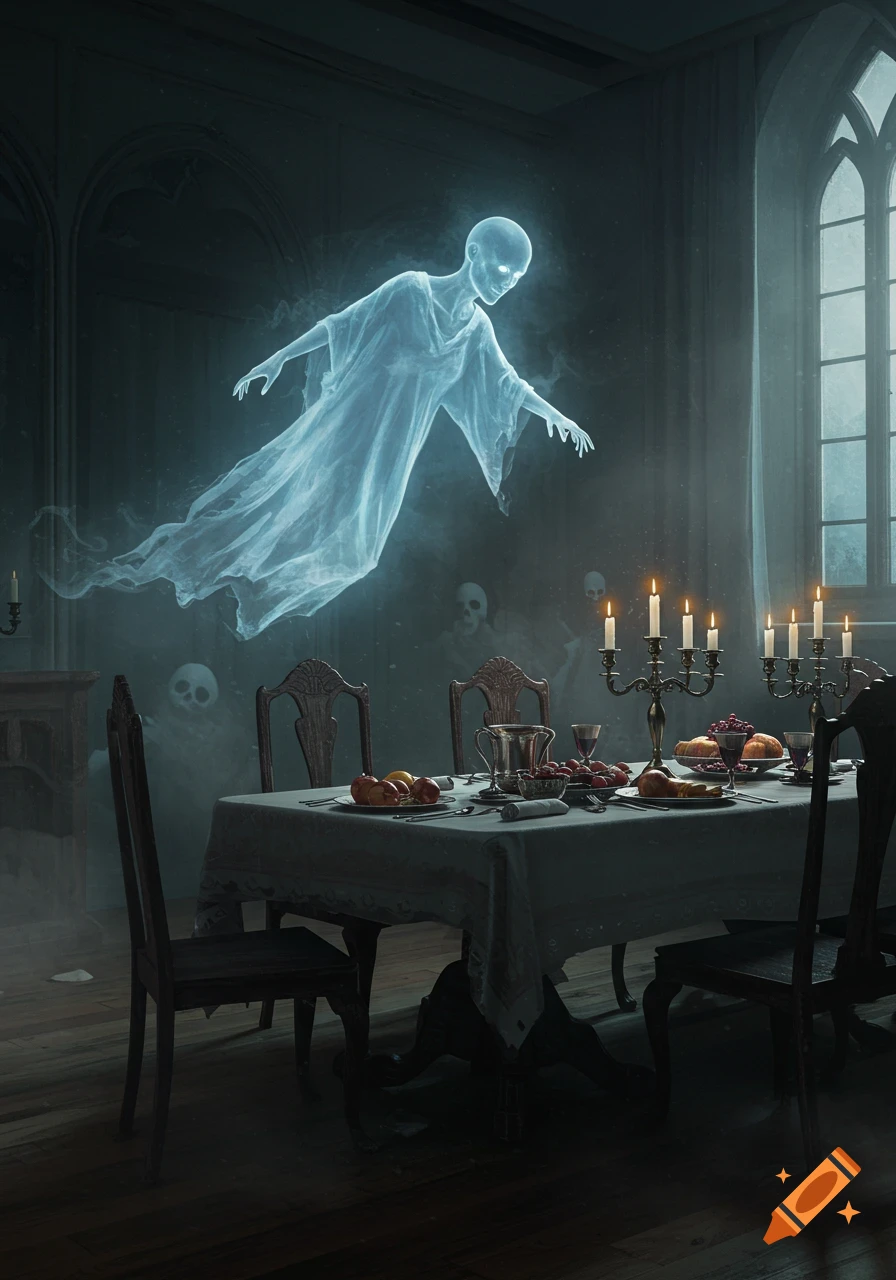 A glowing, ethereal ghost floats above a candlelit dining table laden ...