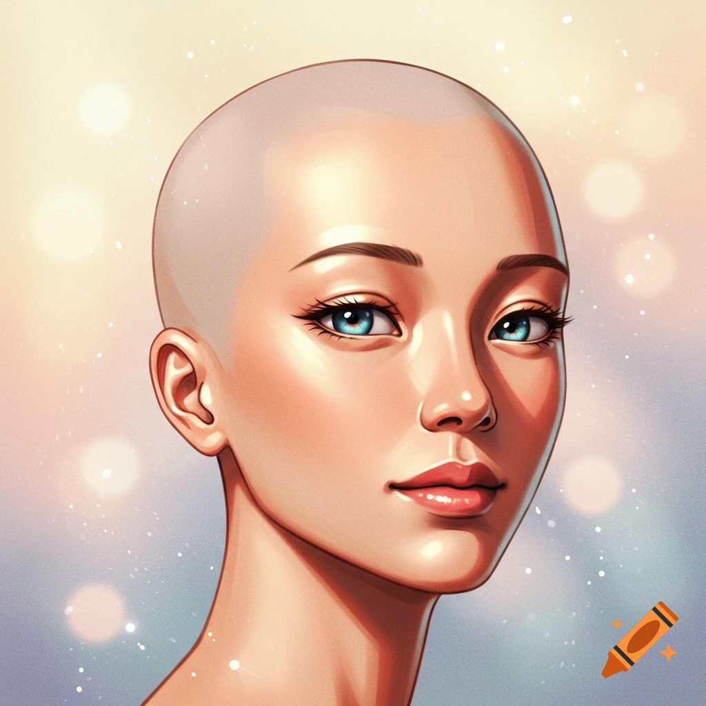 Anime portrait of a bald woman with blue eyes, light skin, looking ...