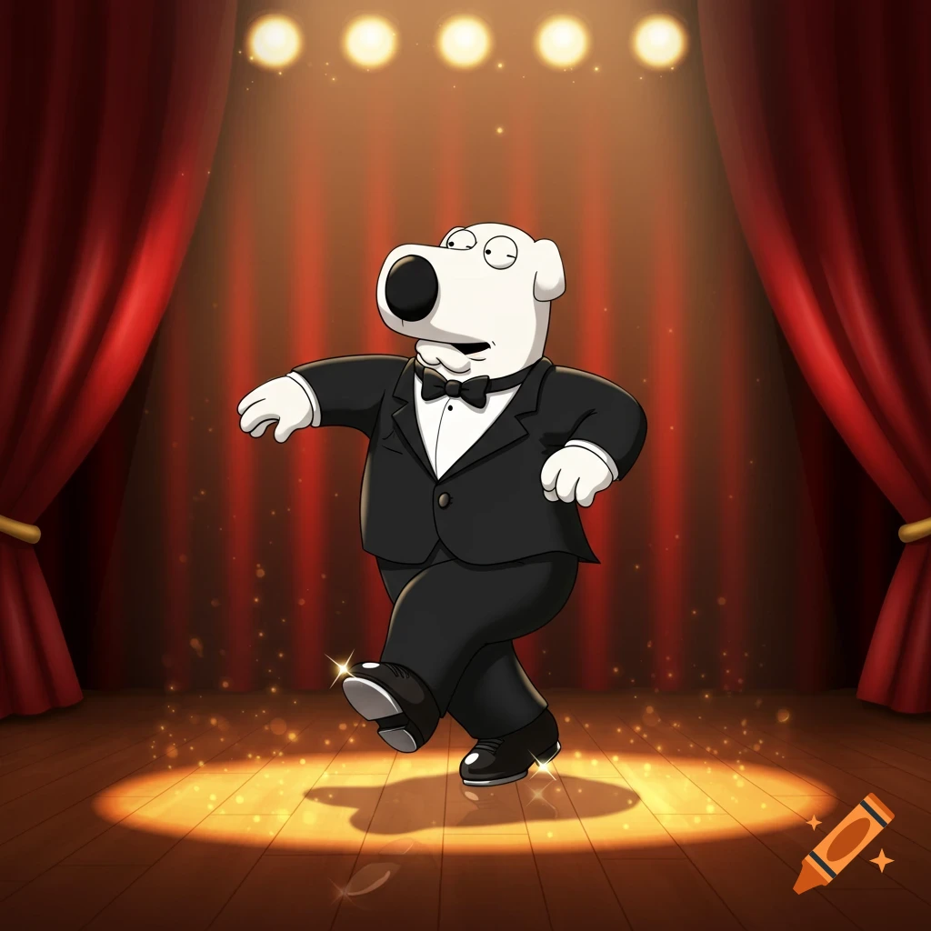 Brian Griffin from Family Guy tap dancing on a spotlighted stage with ...