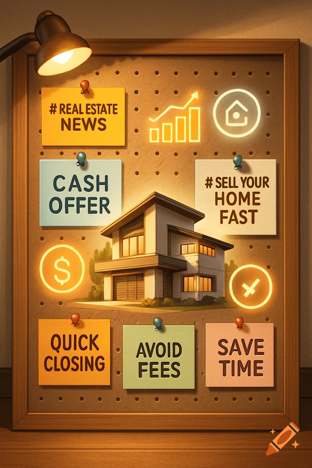 An illustration of a pegboard with a modern house, sticky notes with ...