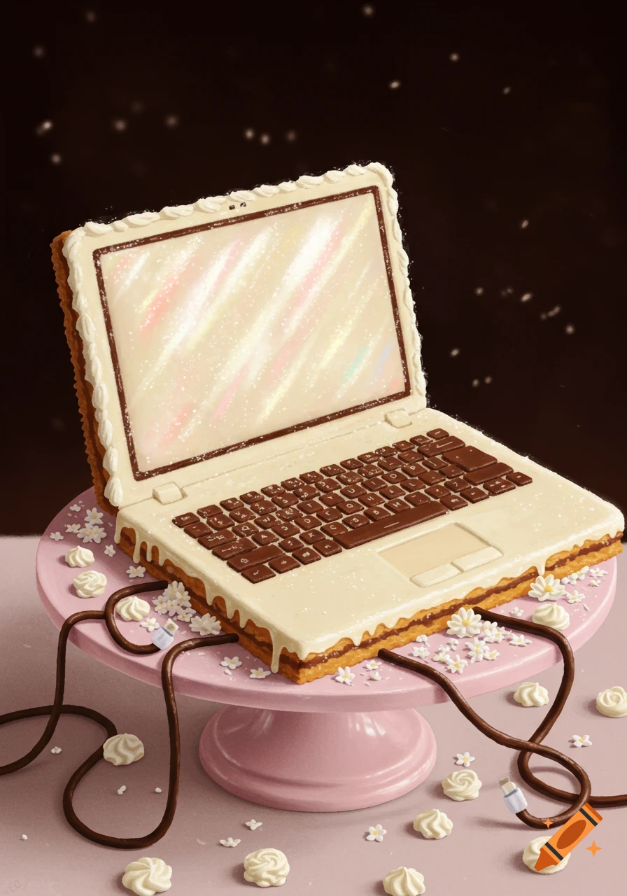 Whimsical illustration of a laptop-shaped cake with chocolate keys and ...
