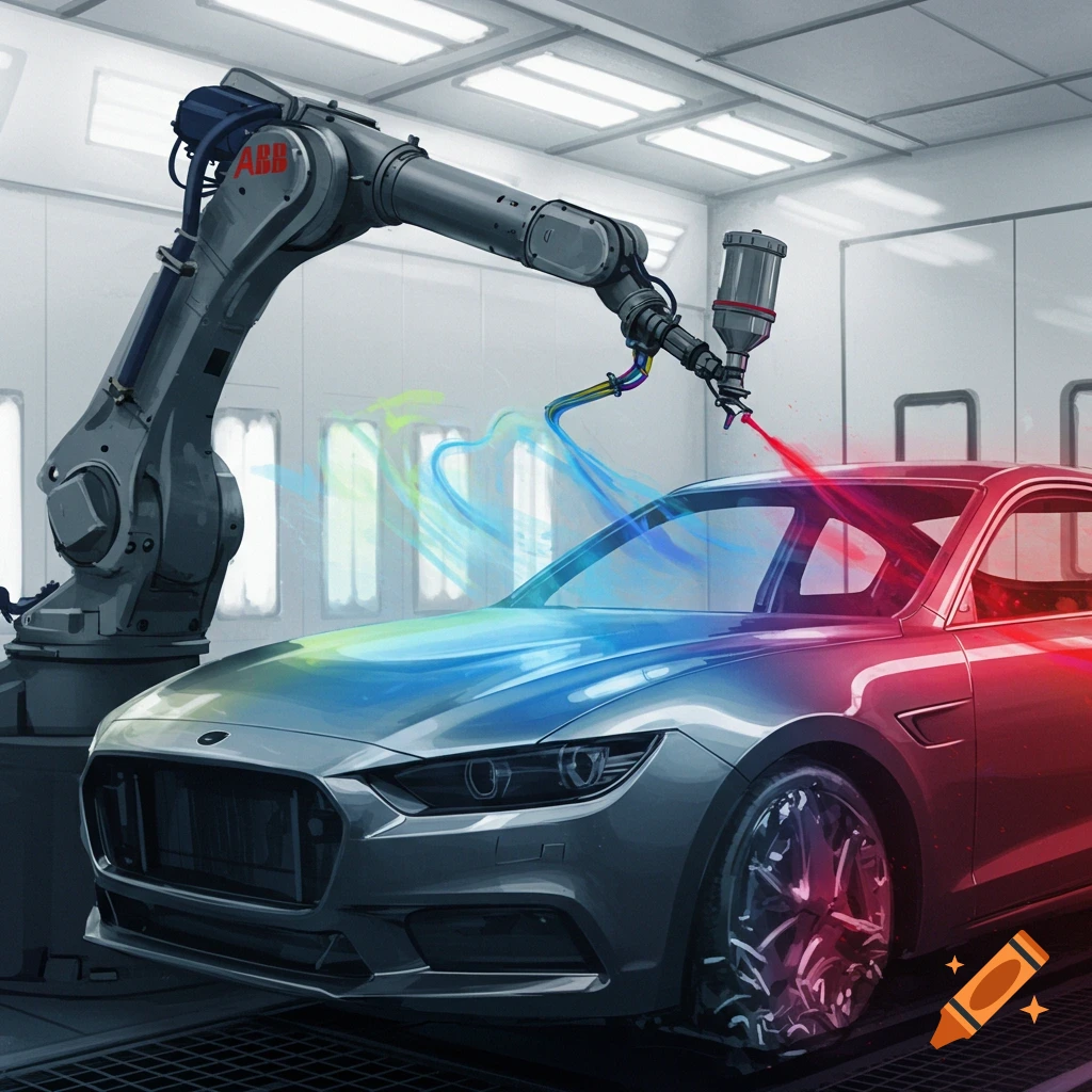 An ABB robotic arm painting a grey car with vibrant red, blue, and ...