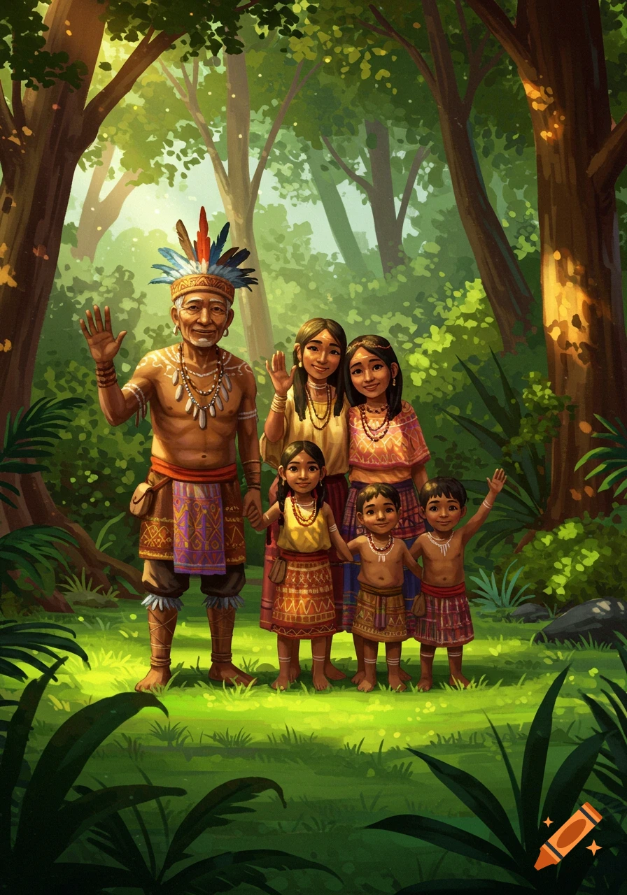 Vibrant illustration of a Taino family, including an elder, two women ...