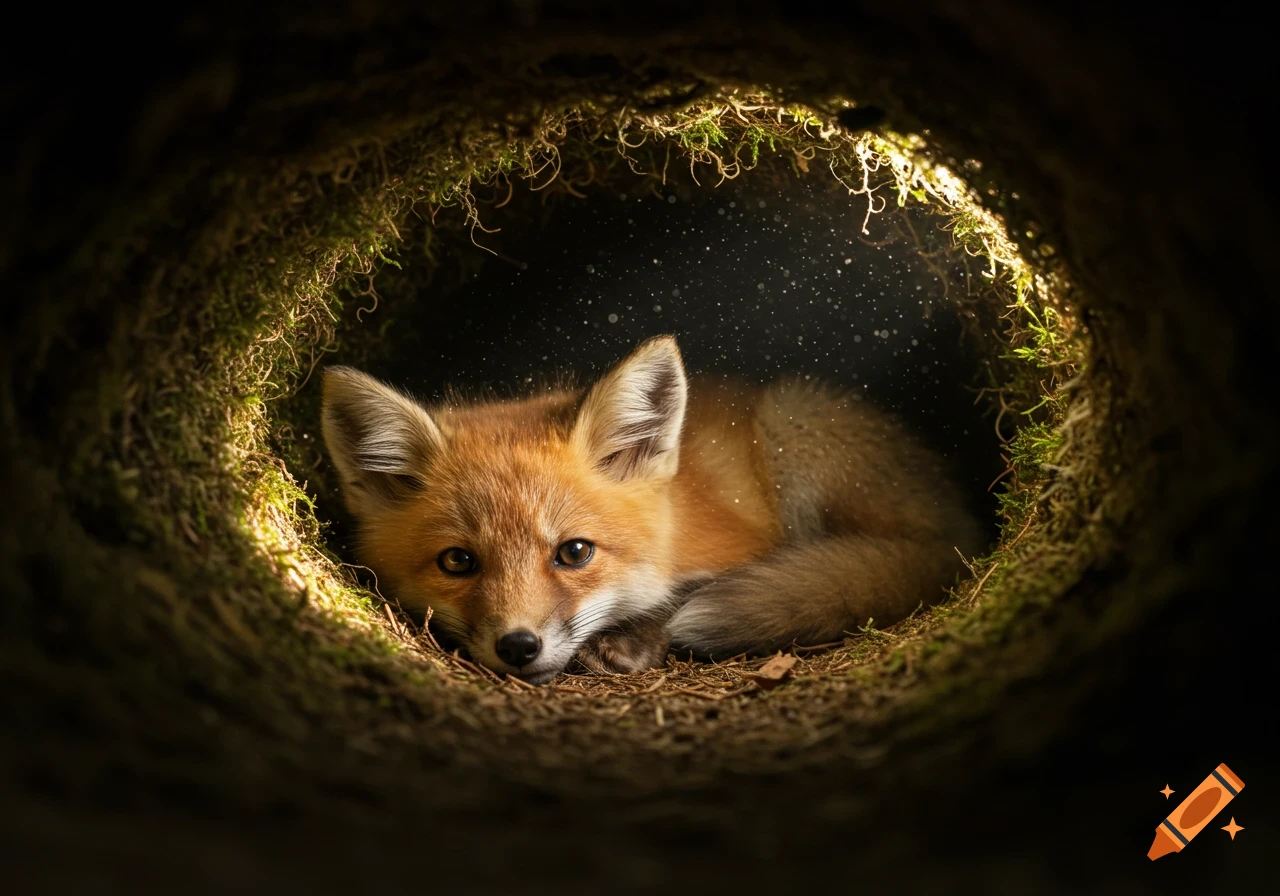 A cute fox curled up inside a dark, mossy den, looking out with big ...