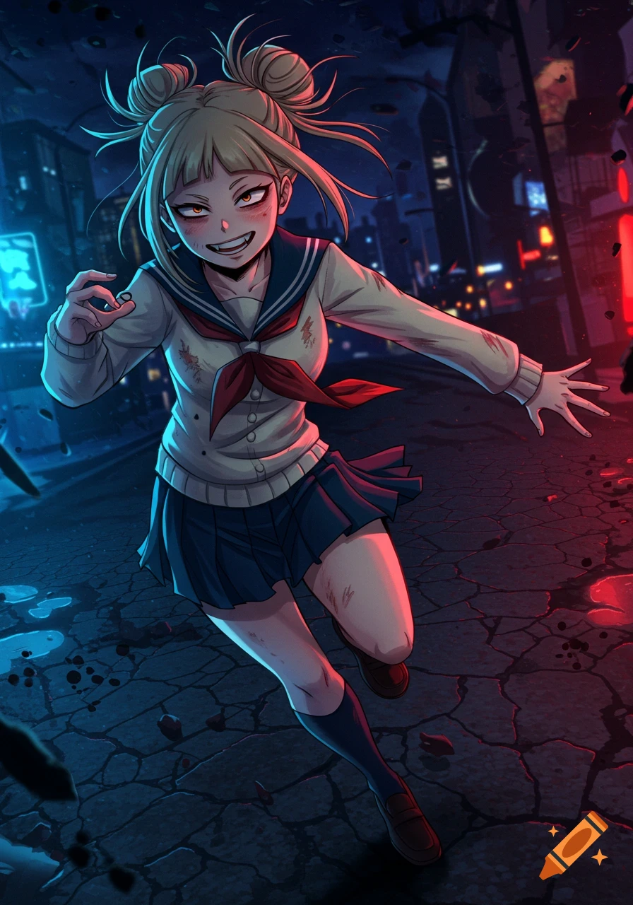 Anime illustration of Himiko Toga in a bloody school uniform, running ...