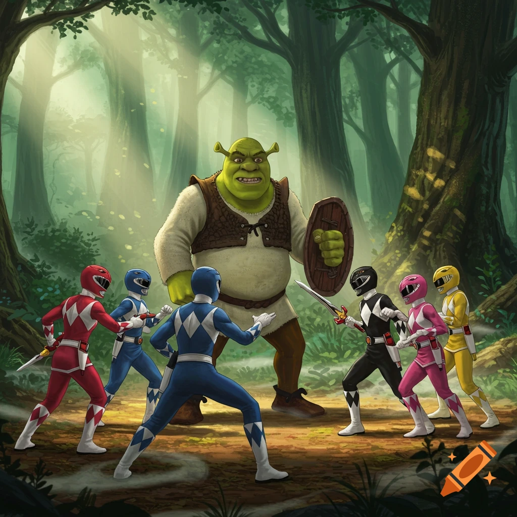 Shrek, holding a shield, confronts five Power Rangers wielding swords ...
