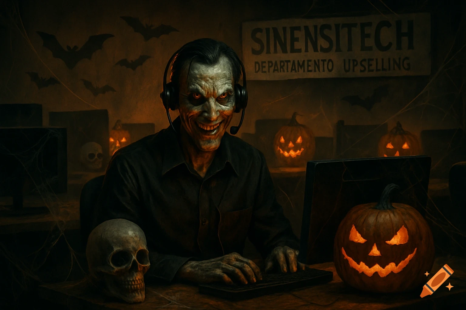 A scary, zombie-like sales agent with a headset types at a dark ...