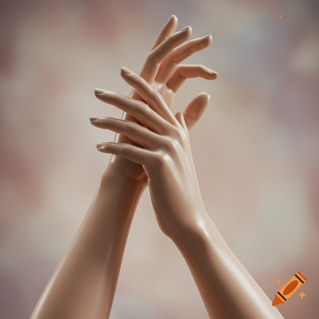 Two smooth, stylized hands with light skin are crossed and clasped ...