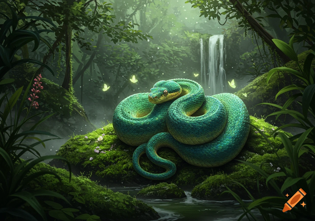 A vibrant green snake coiled on mossy rocks in a lush, misty jungle ...