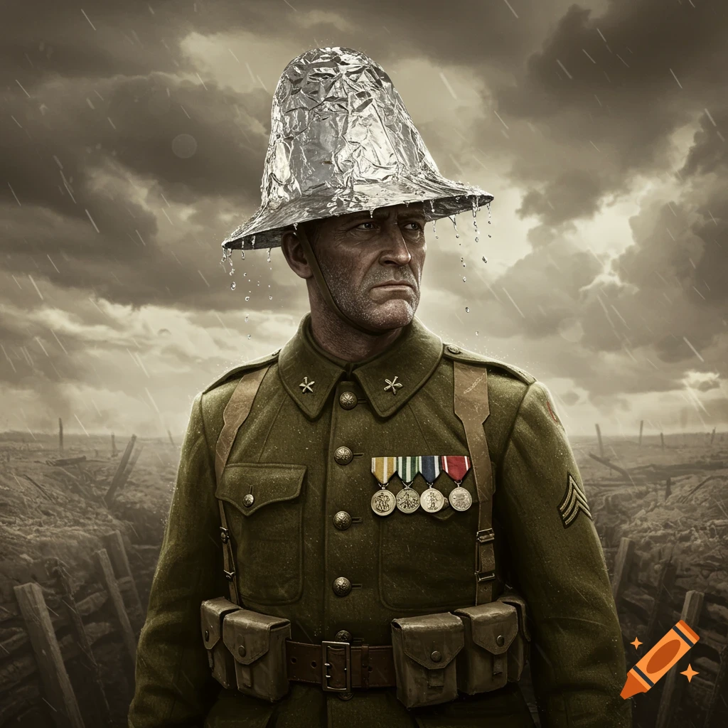 A soldier in uniform with a giant human foot for a face salutes on a ...