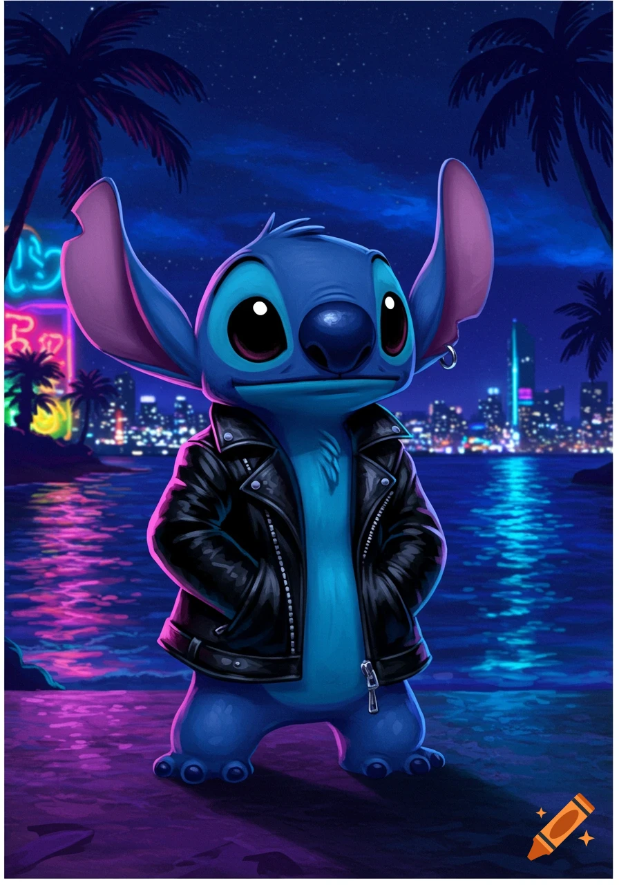 Stitch from Lilo & Stitch wearing a leather jacket, standing by a neon ...