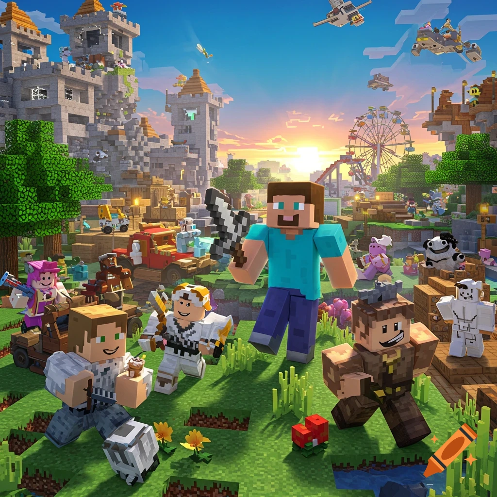 A pixelated green and purple Minecraft mob floats in a lush cave with ...