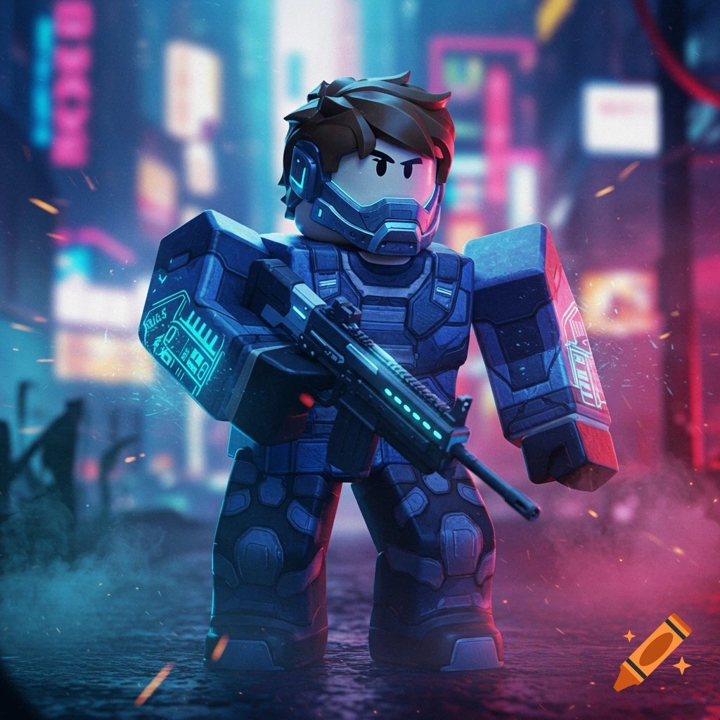 A Roblox-style character in a suit and fedora with a glowing eye poses ...