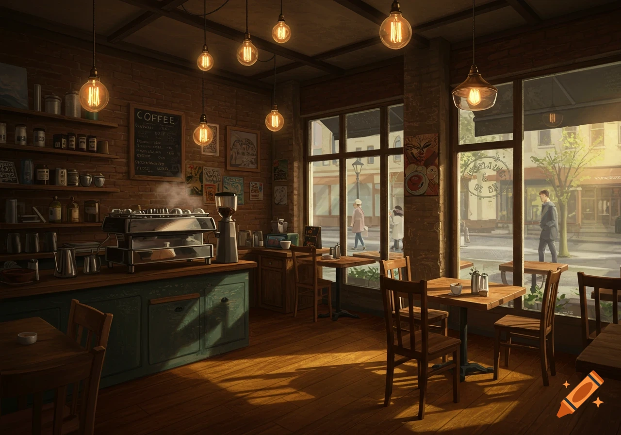 A detailed, warm illustration of a bustling coffee shop interior with ...