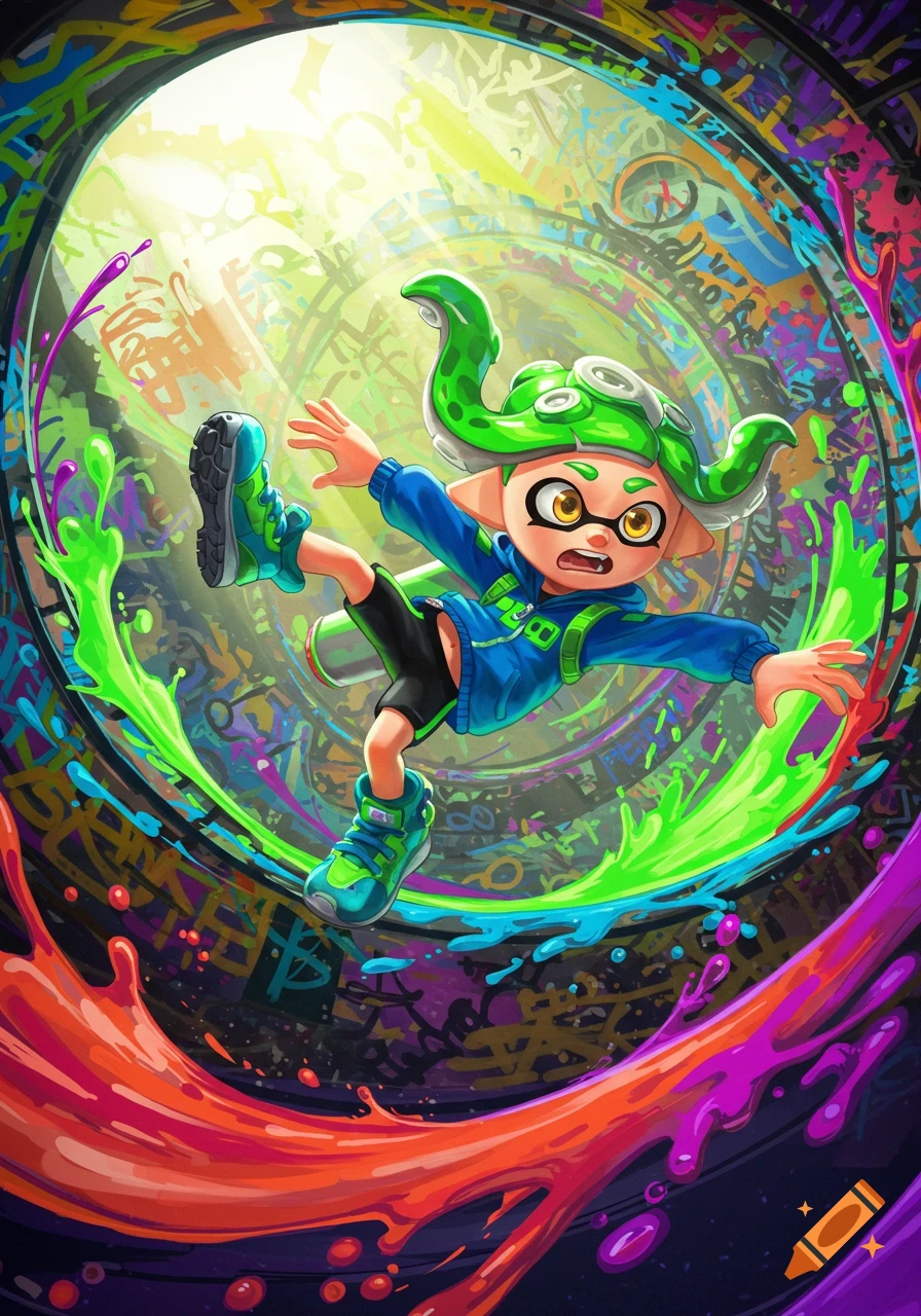 A vibrant Splatoon Inkling falls through a colorful vortex of ink and ...