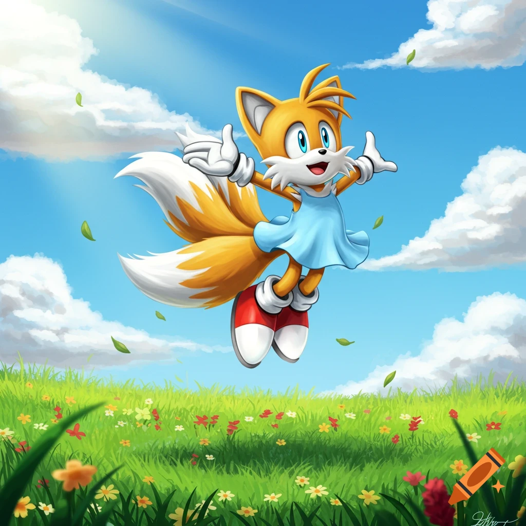 Tails the fox in a blue sundress flies over a vibrant green meadow with ...