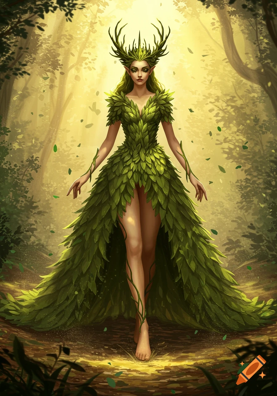 A fantasy queen goddess with antlers and a dress made of green leaves ...