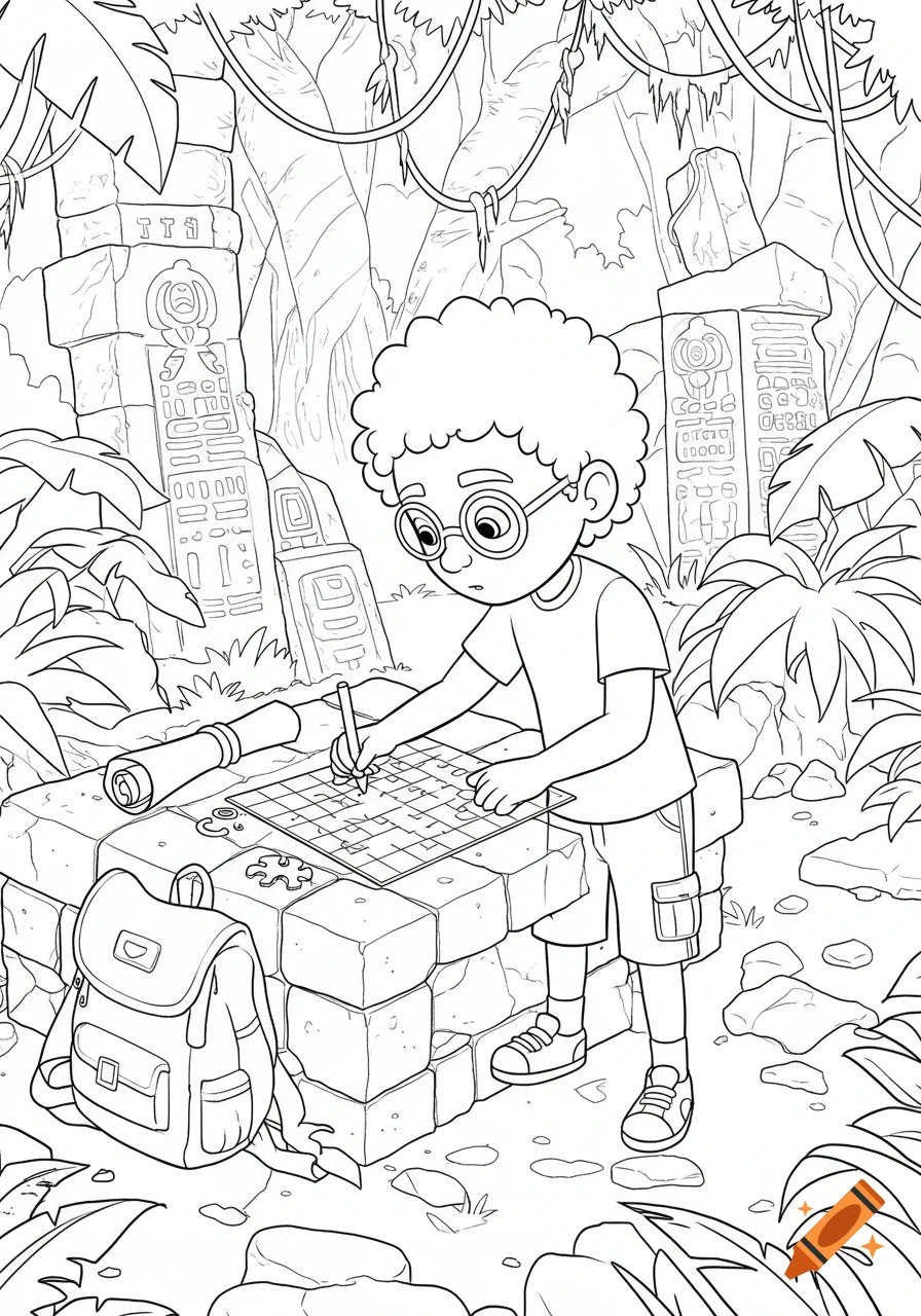 Line art coloring page of a boy in glasses solving a puzzle grid on a ...
