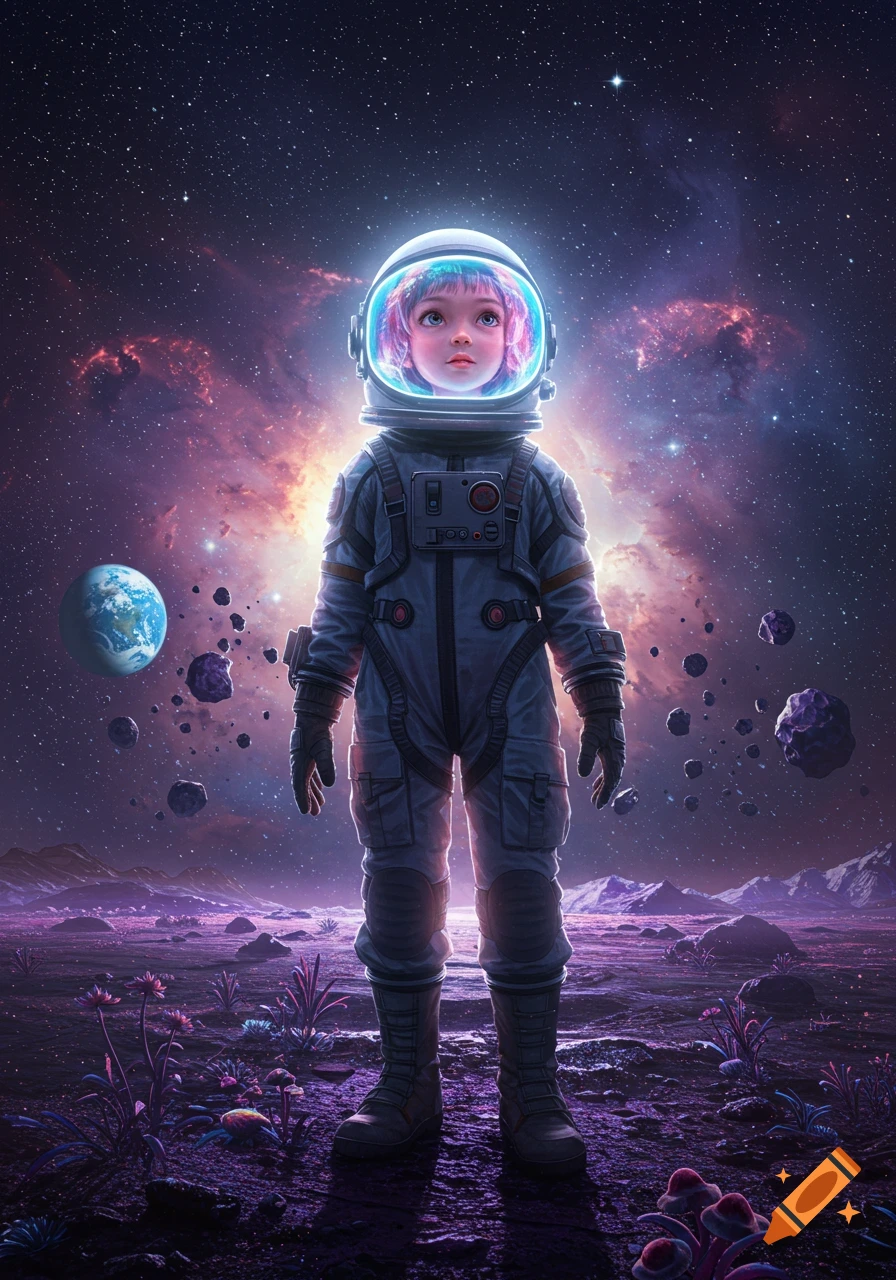 Digital art of tiny figures climbing ladders on a colossal astronaut ...