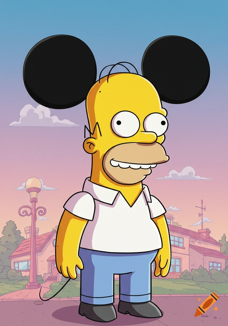 A cartoon depiction of Homer Simpson with black Mickey Mouse ears and a ...