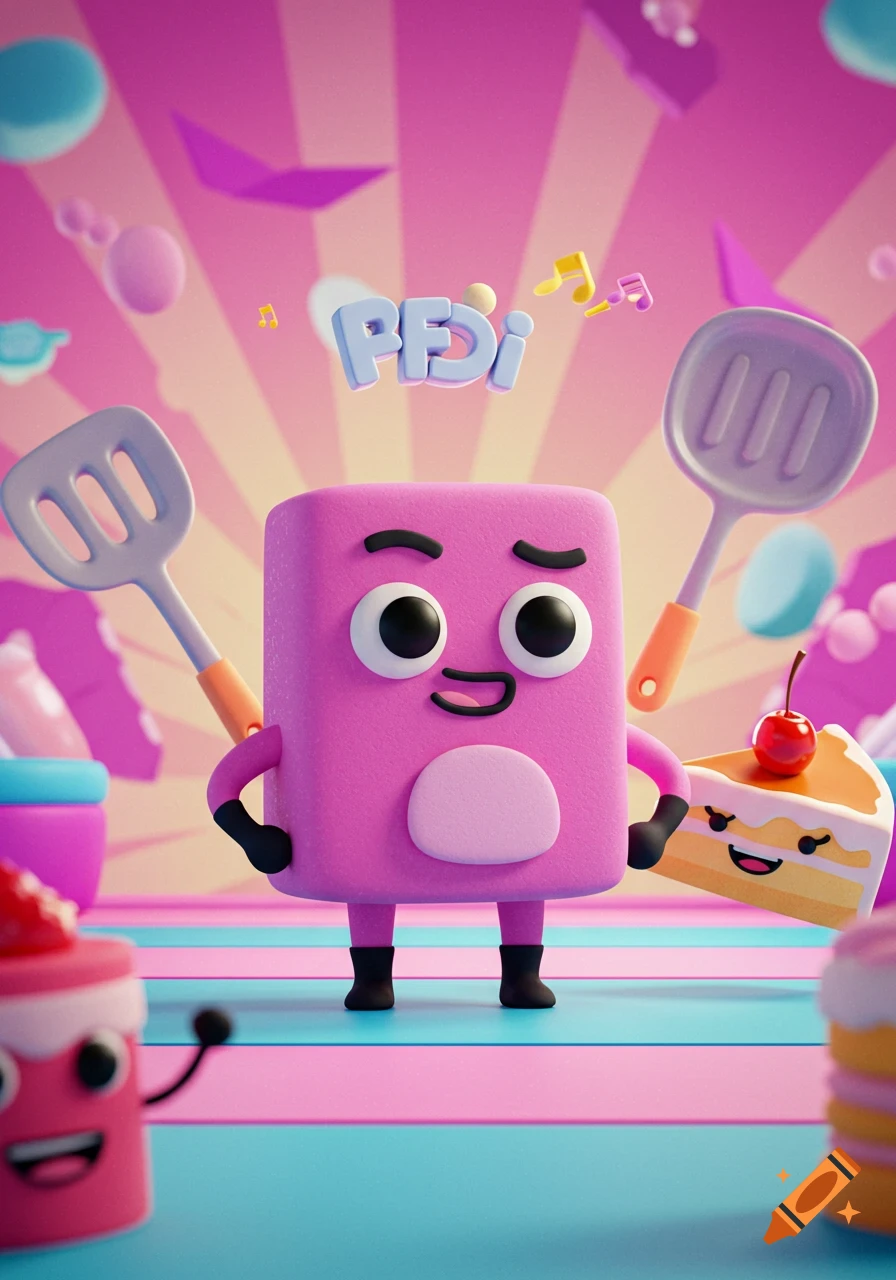 A cheerful 3D cartoon of a pink block character with a happy face ...