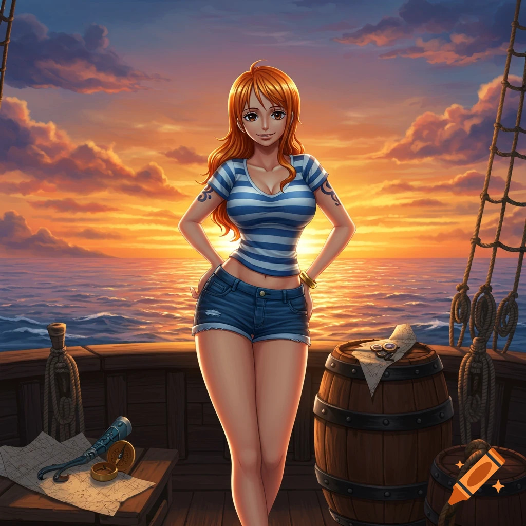 Nami from One Piece stands on a ship deck at sunset, wearing a striped ...