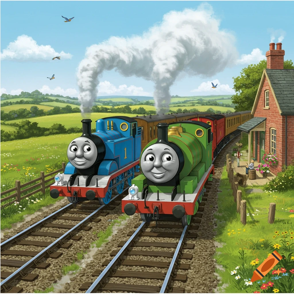 Thomas the blue train and Percy the green train smile side-by-side on ...