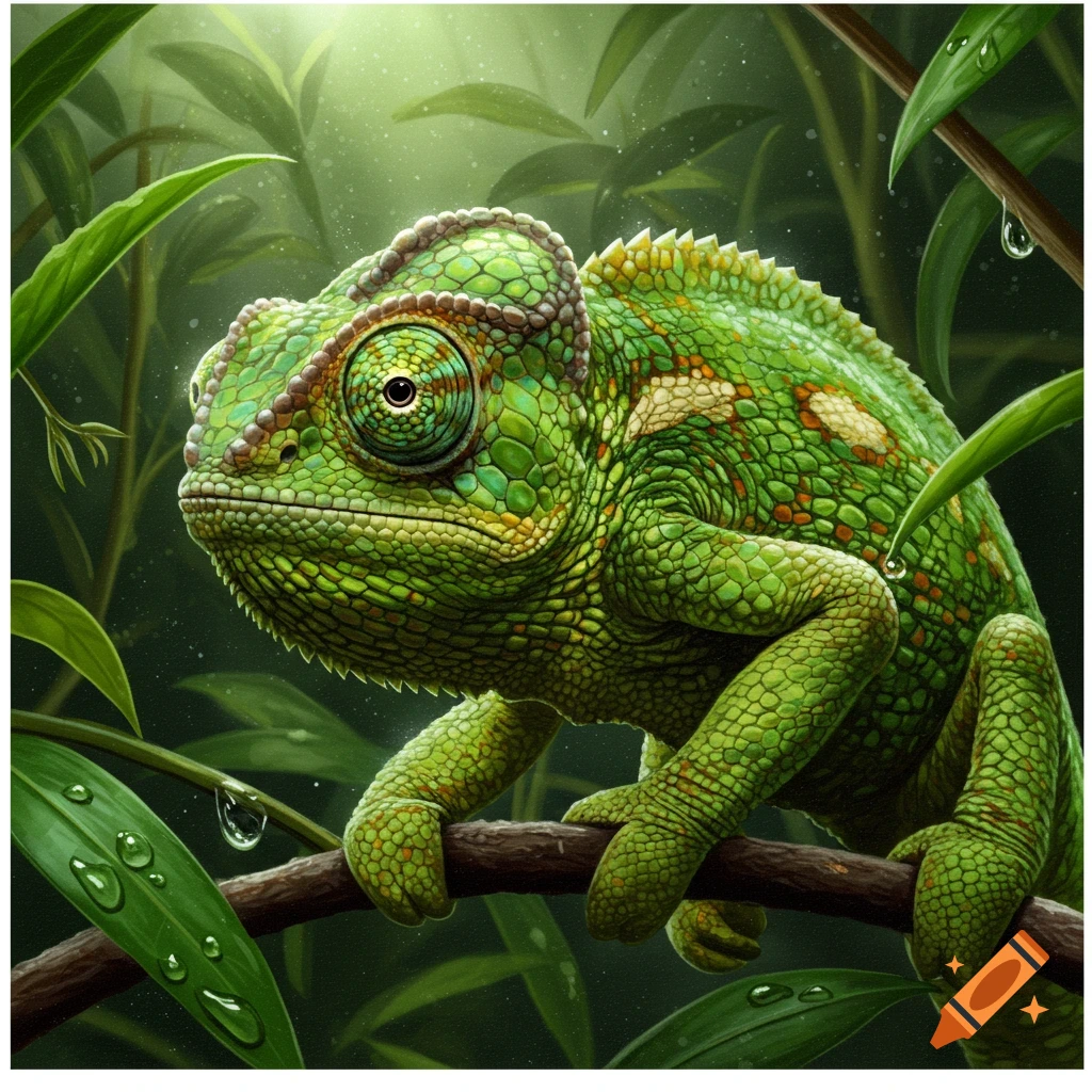 A photorealistic green chameleon with textured scales sits on a wet branch amidst lush green ...