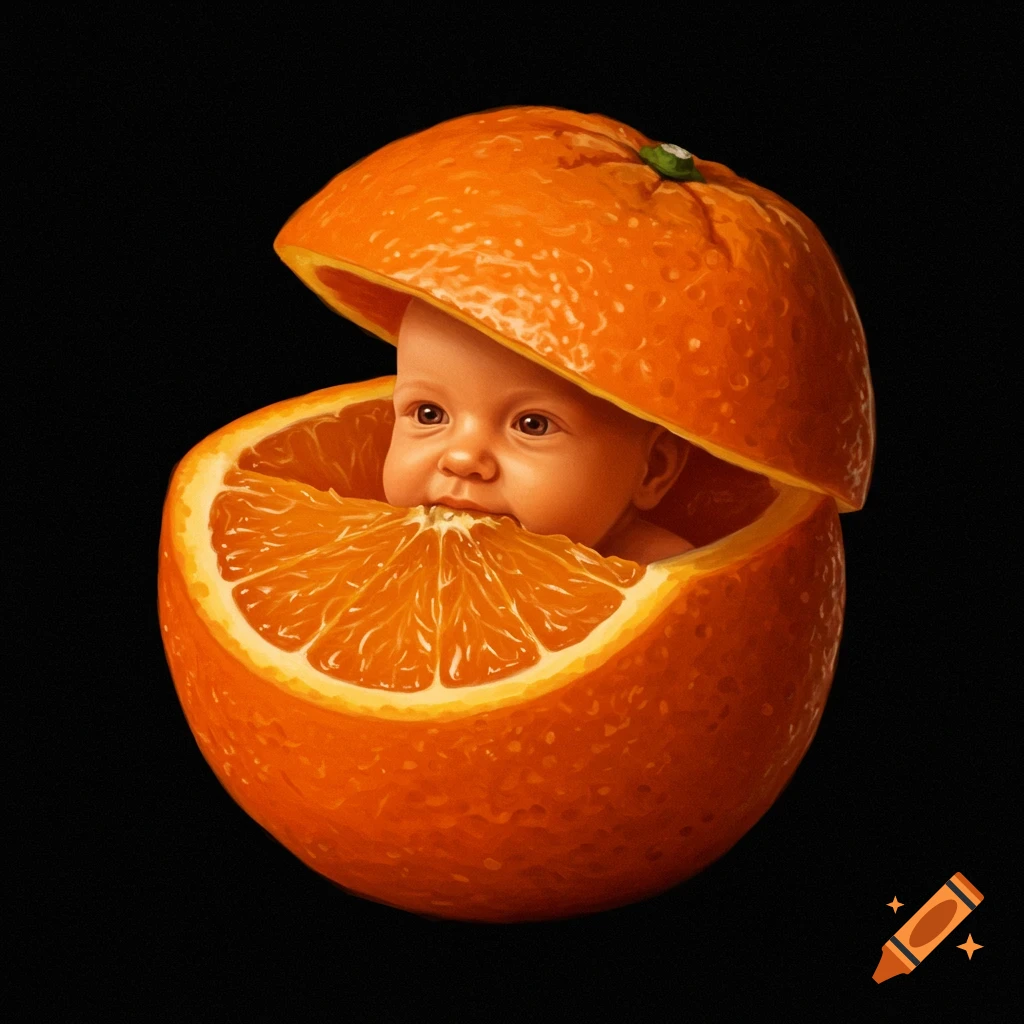 A baby's head peeking out from the inside of a sliced orange, set ...