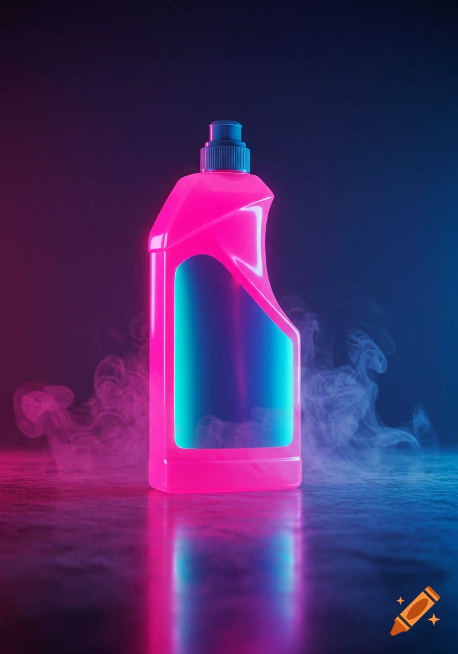 A glowing neon pink cleaning product bottle with a blue cap and ...