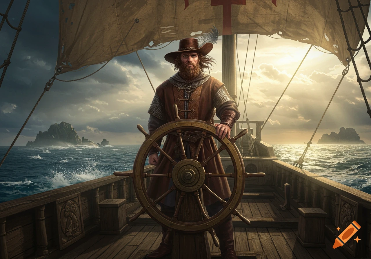 A bearded captain in historical attire stands at the helm of a wooden ...