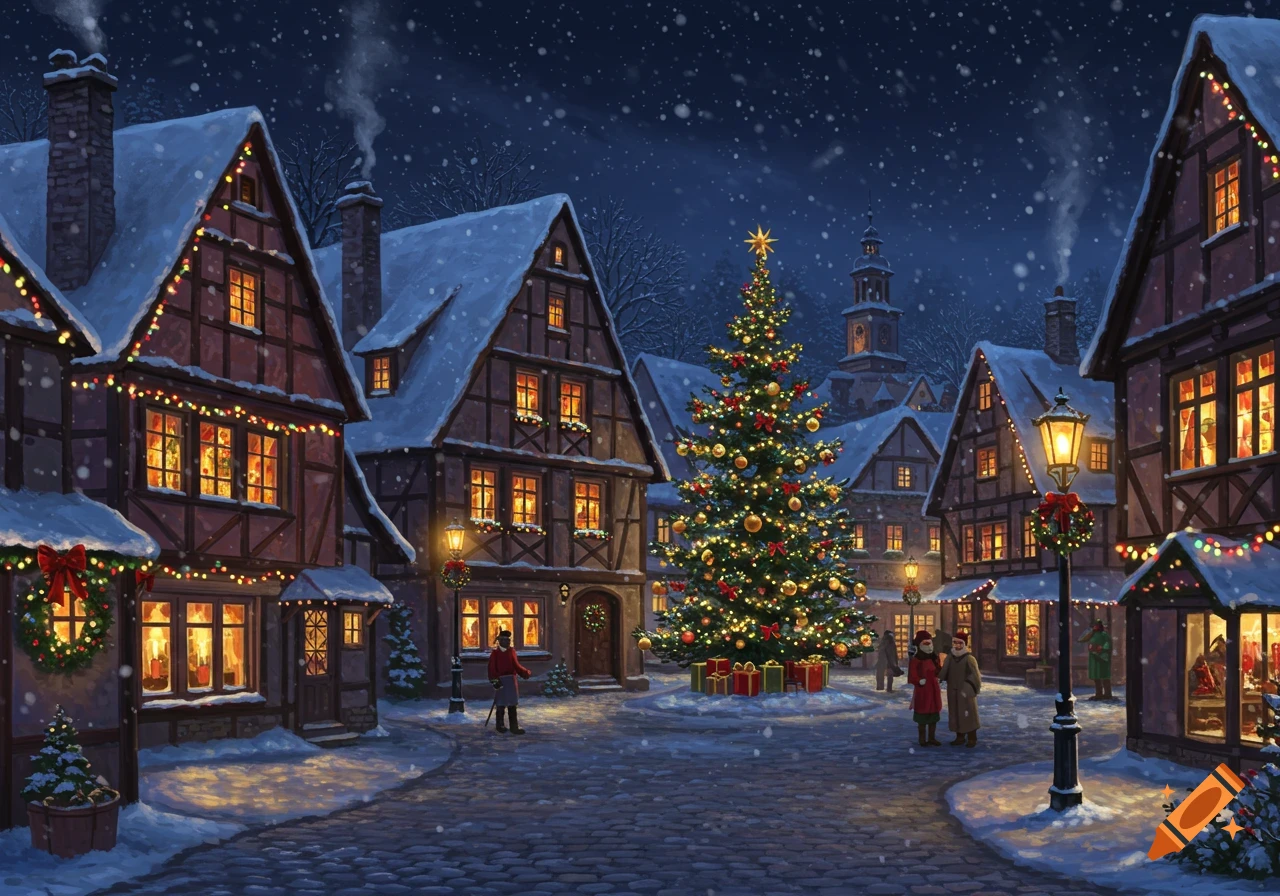 A festive, snow-covered village at night with a large decorated ...