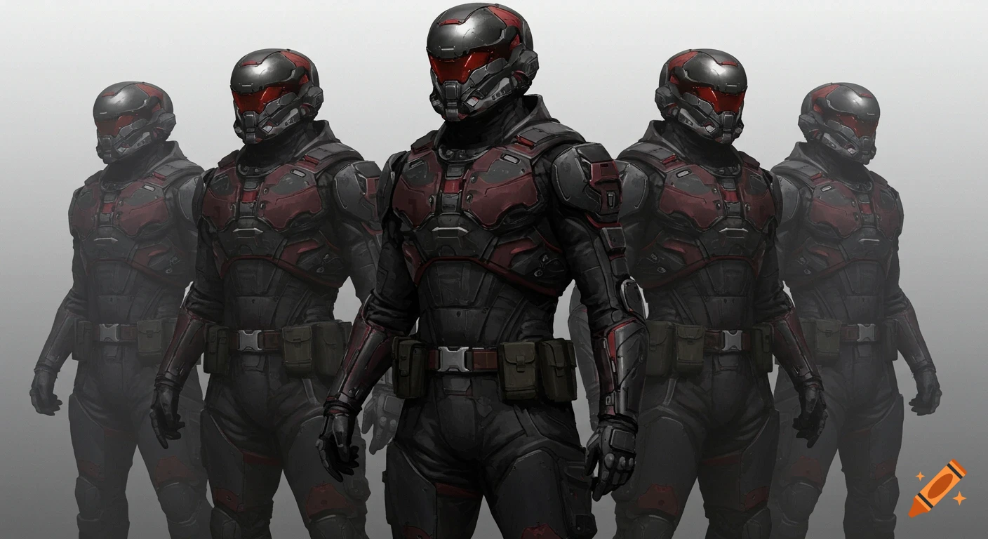 Five sci-fi soldiers in black and deep red tactical armor with helmets and dark visors stand ...