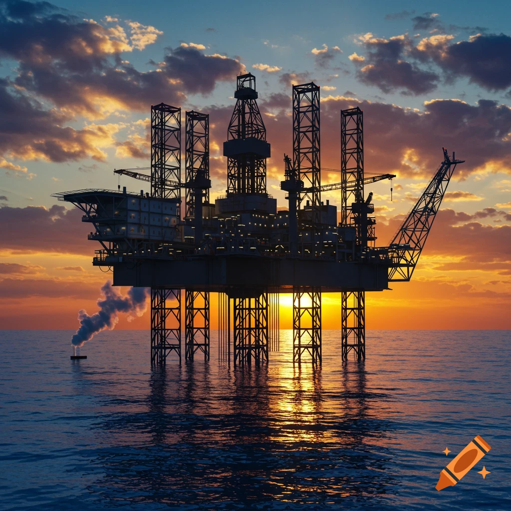 A large oil rig is silhouetted against a vibrant orange and blue sunset ...