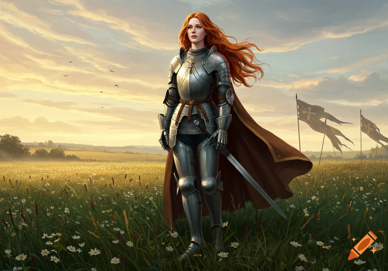A red-haired woman in knight armor stands in a sunlit field of flowers ...