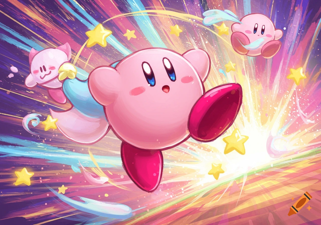 A vibrant cartoon illustration of Kirby and two smaller Kirby-like ...