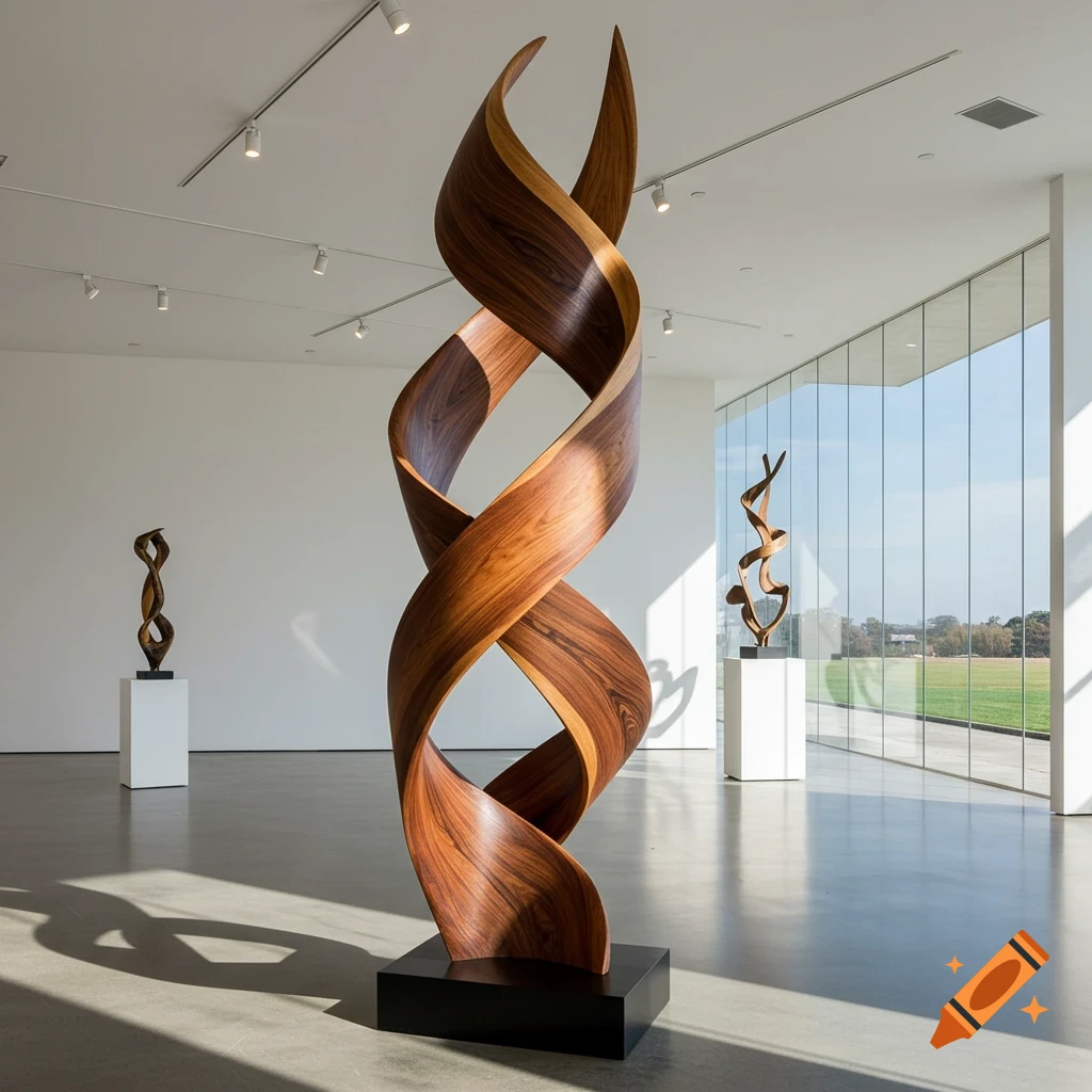 A tall, twisting abstract wooden sculpture in a bright, modern art ...