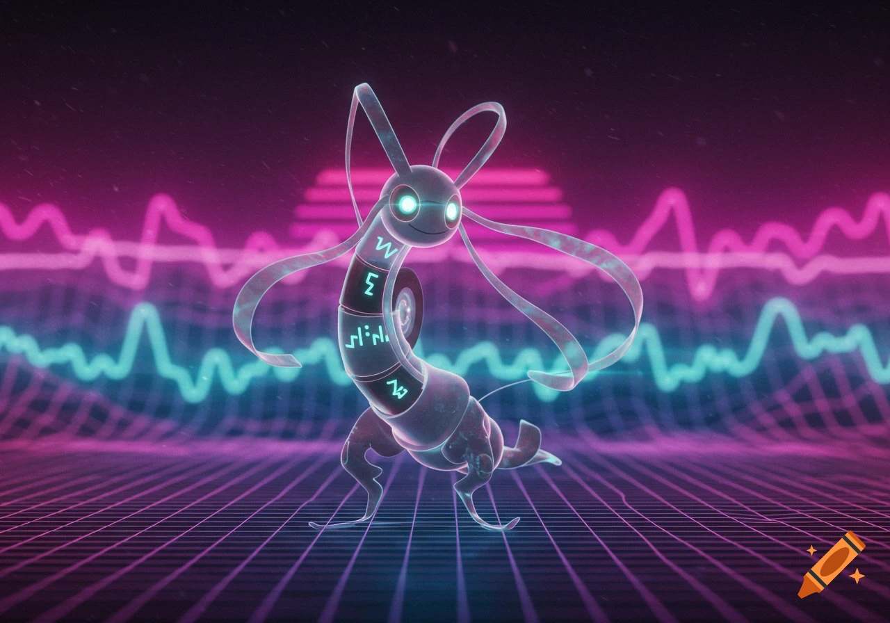 A glowing, stylized creature with ribbon-like antennae and limbs ...