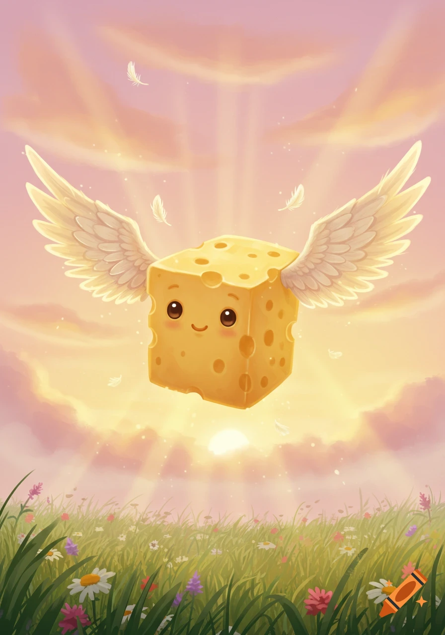 A cheerful, winged block of cheese flies over a flowery field under a ...