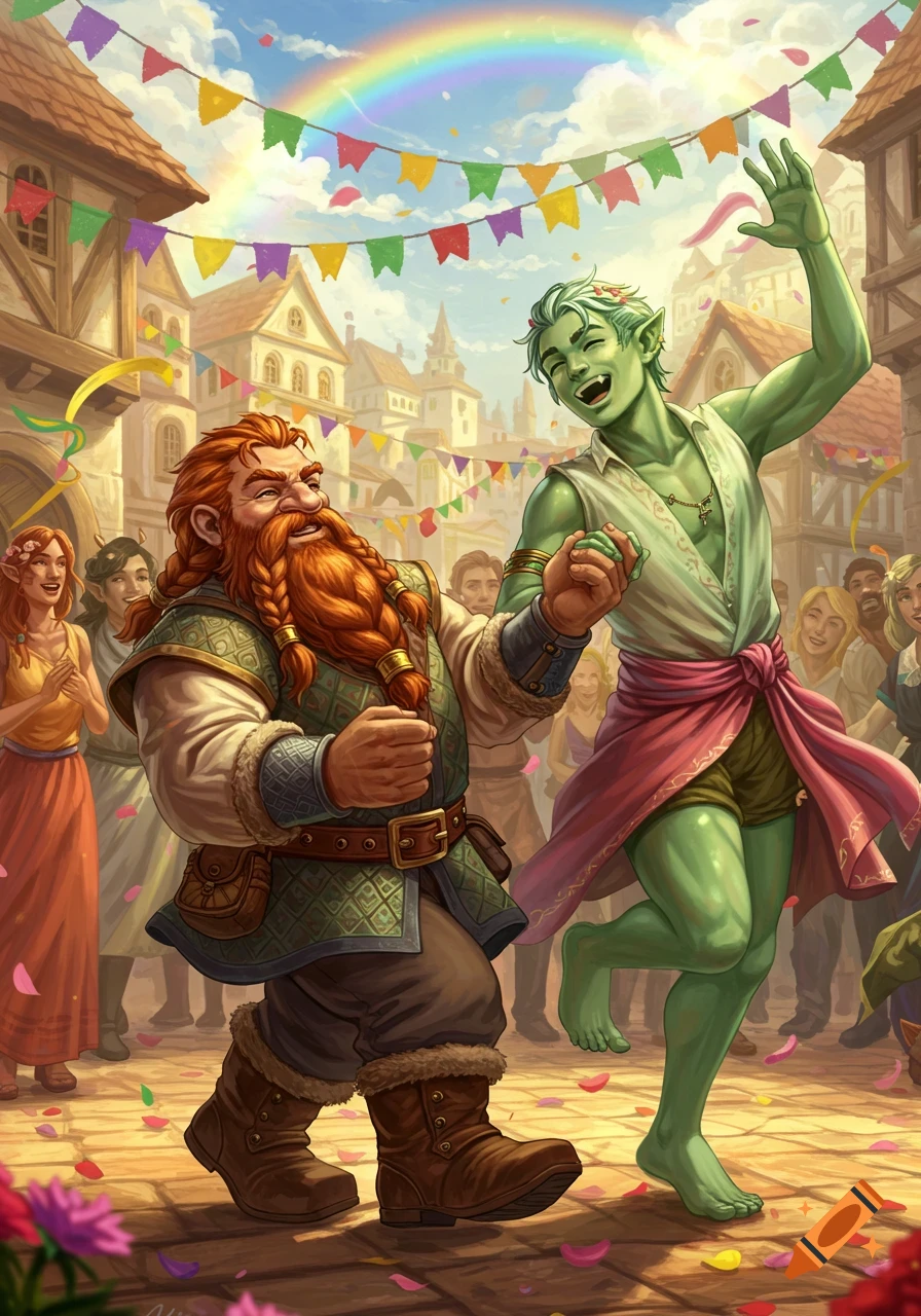 A cheerful dwarf and a green-skinned orc dance jubilantly in a sunny ...