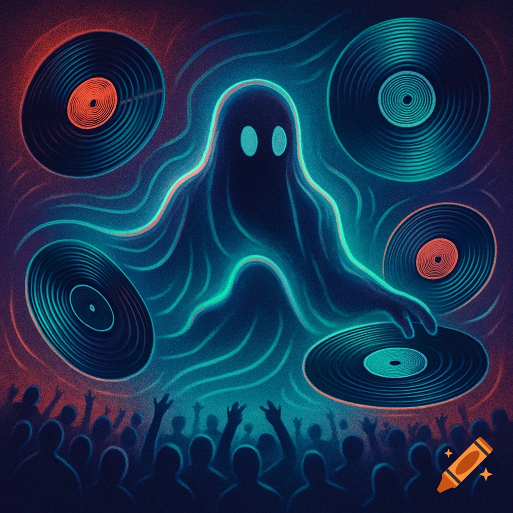 A neon-glowing phantom ghost DJing with vinyl records above a ...