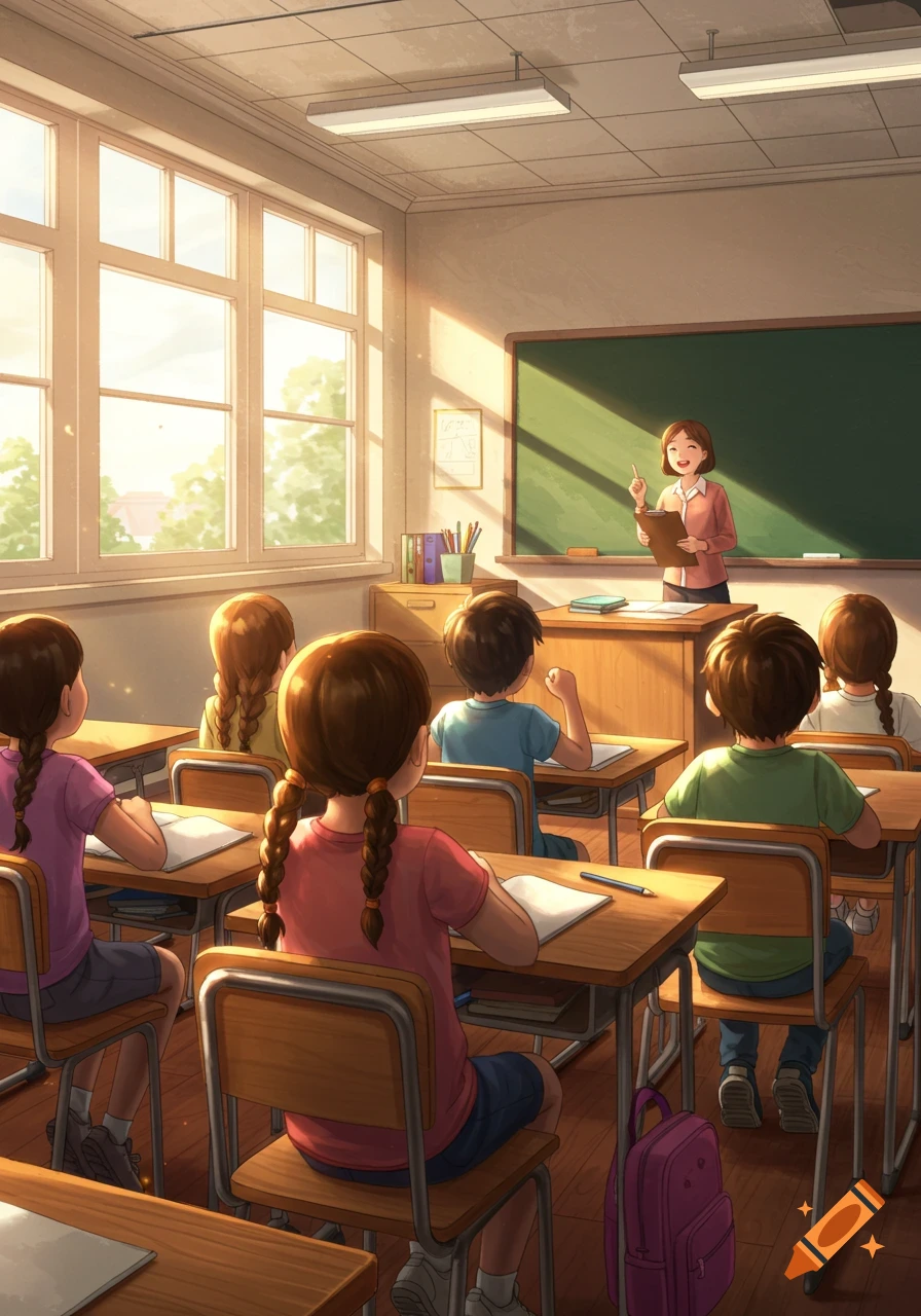 Back view of elementary students in a sunny classroom, sitting at desks ...