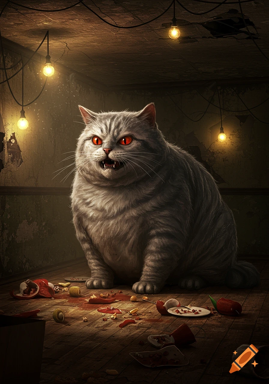 A huge, angry grey tabby cat with glowing red eyes sits amidst a messy ...