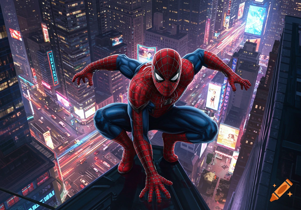Spider-Man crouches on a city rooftop at night, overlooking illuminated ...