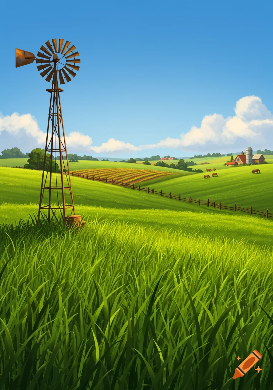 Cartoon farm landscape with hay bales, a pond, green rolling hills ...