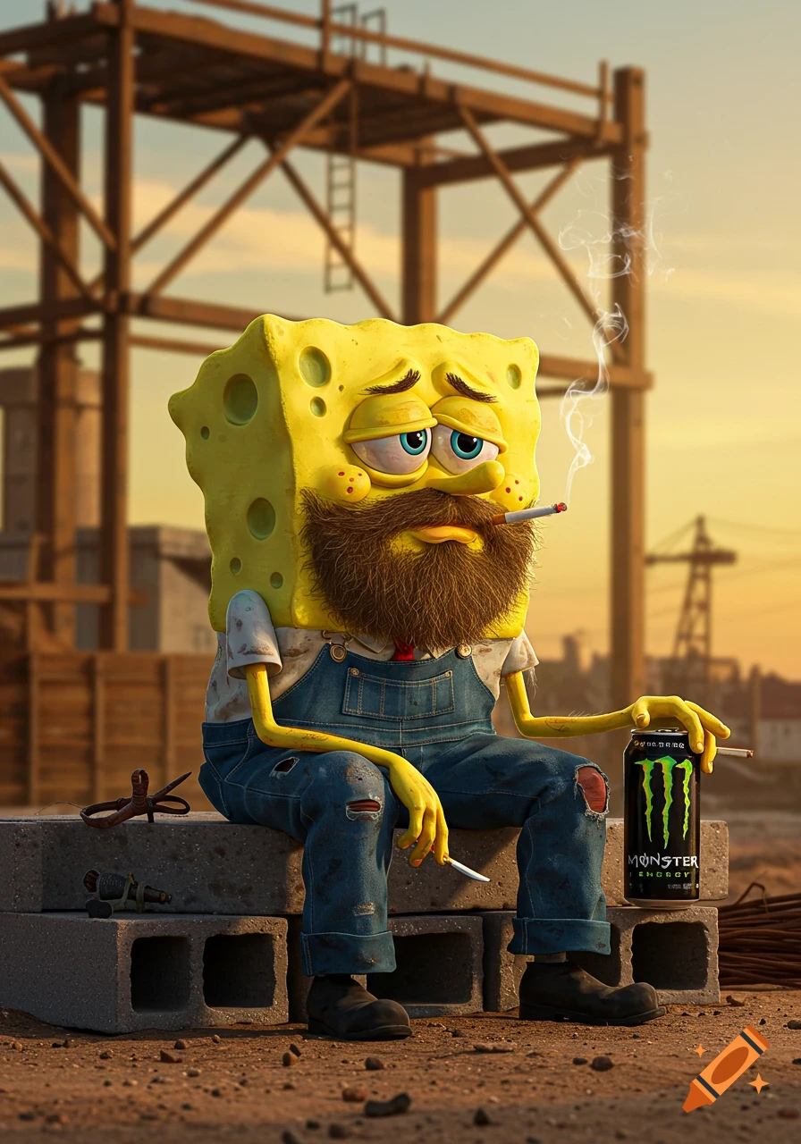 A photorealistic bearded Spongebob SquarePants in overalls smokes a ...
