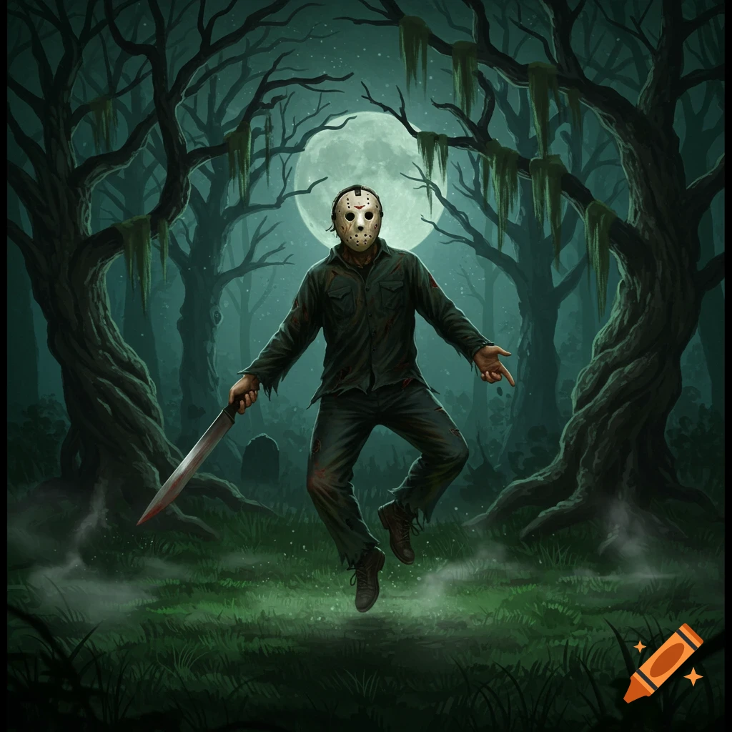 An illustration of Jason Voorhees floating in a dark, gnarled forest ...